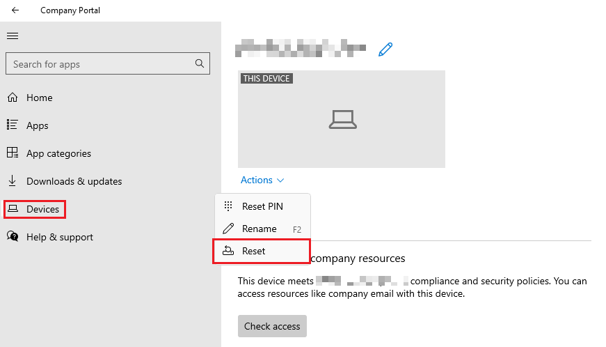 How to customise remove and reset device actions in Company Portal